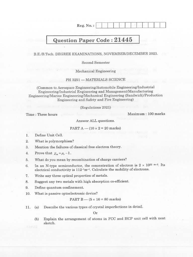 Materials Science - PH3251 2021 Regulation - Semester Question Paper ...