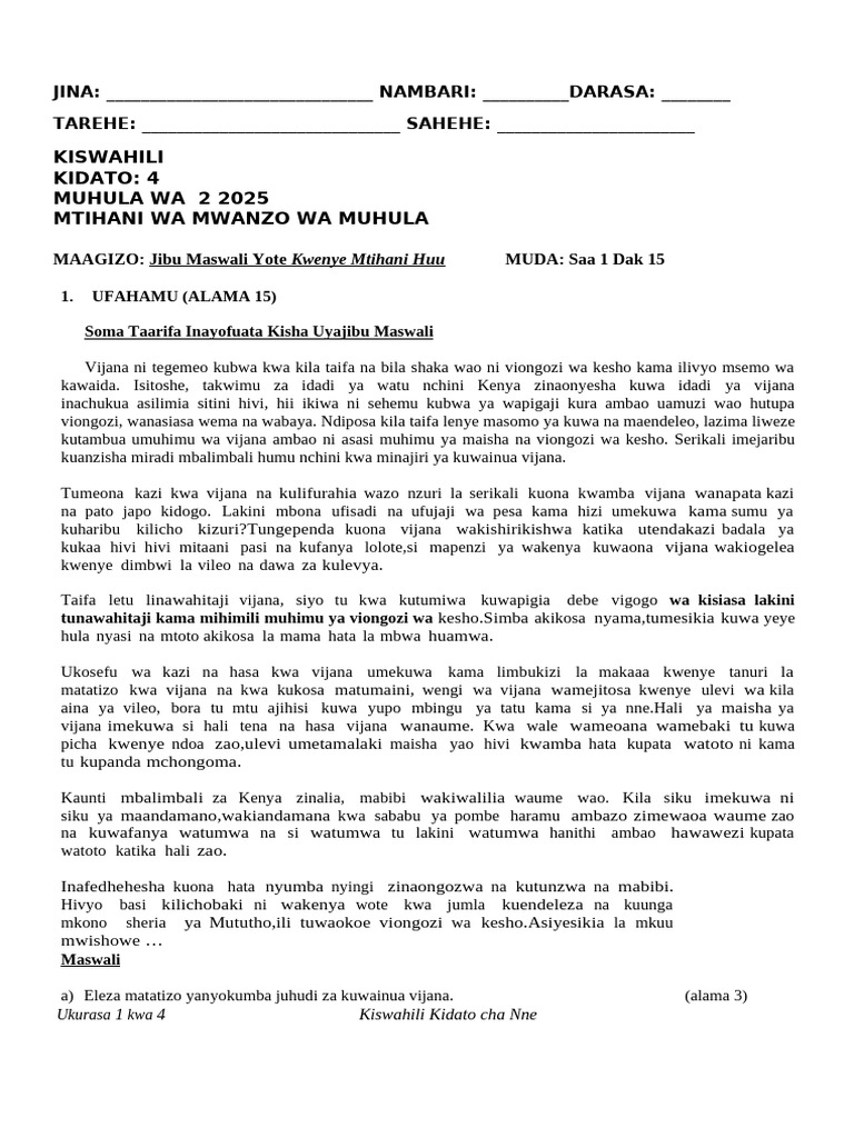 2025 Kiswahili f4 Qs t2 Exam 1 Teacher - Co .Ke | PDF