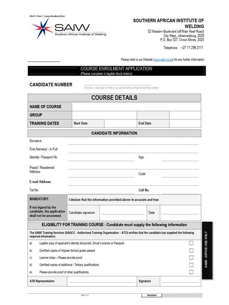 SAIW Course Enrollment Form 2025 | PDF