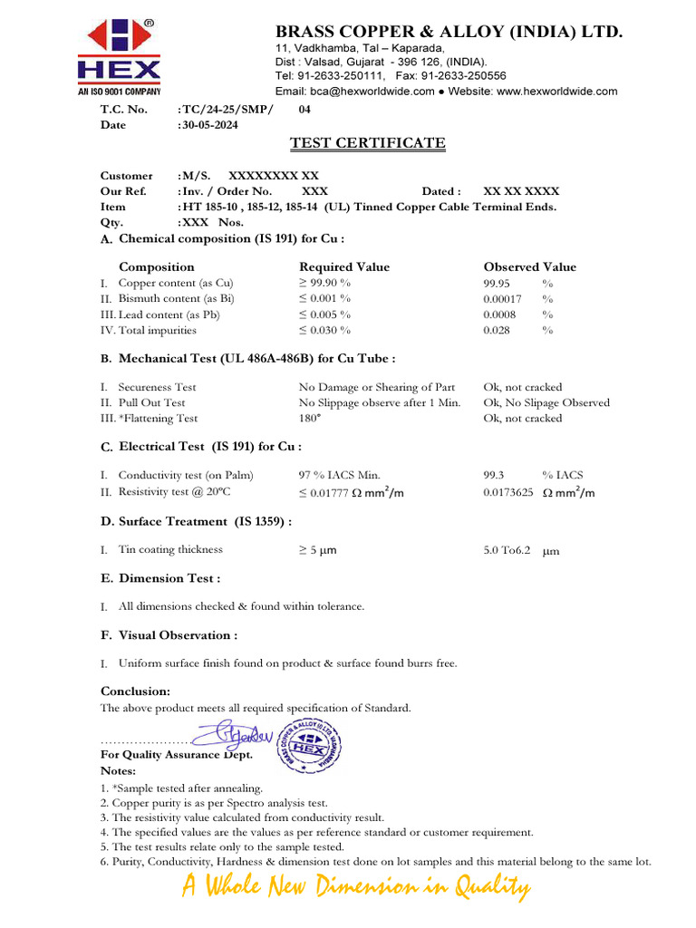 Brass Copper & Alloy (India) LTD.: Test Certificate | PDF | Copper ...