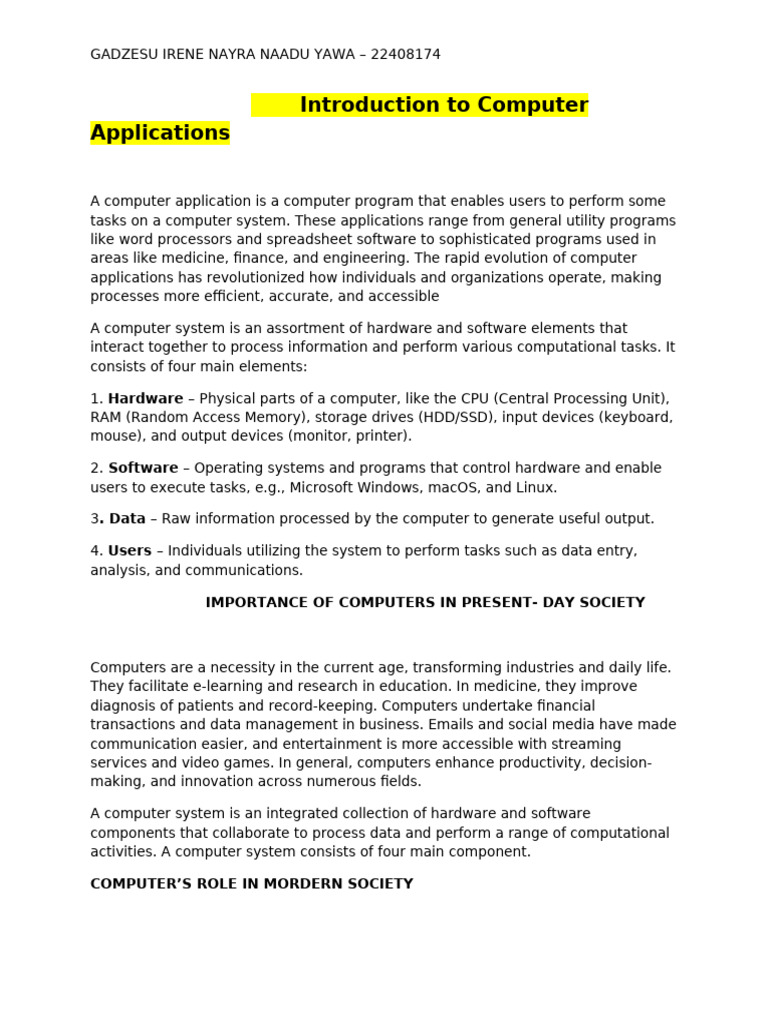 Introduction To Computer Applications | PDF | Artificial Intelligence | Intelligence (AI ...