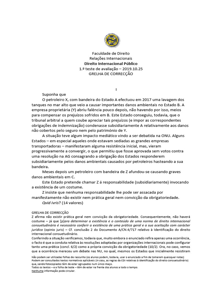 20191025Teste01 RI GRELHA (2) | PDF | Direito Internacional | Estado