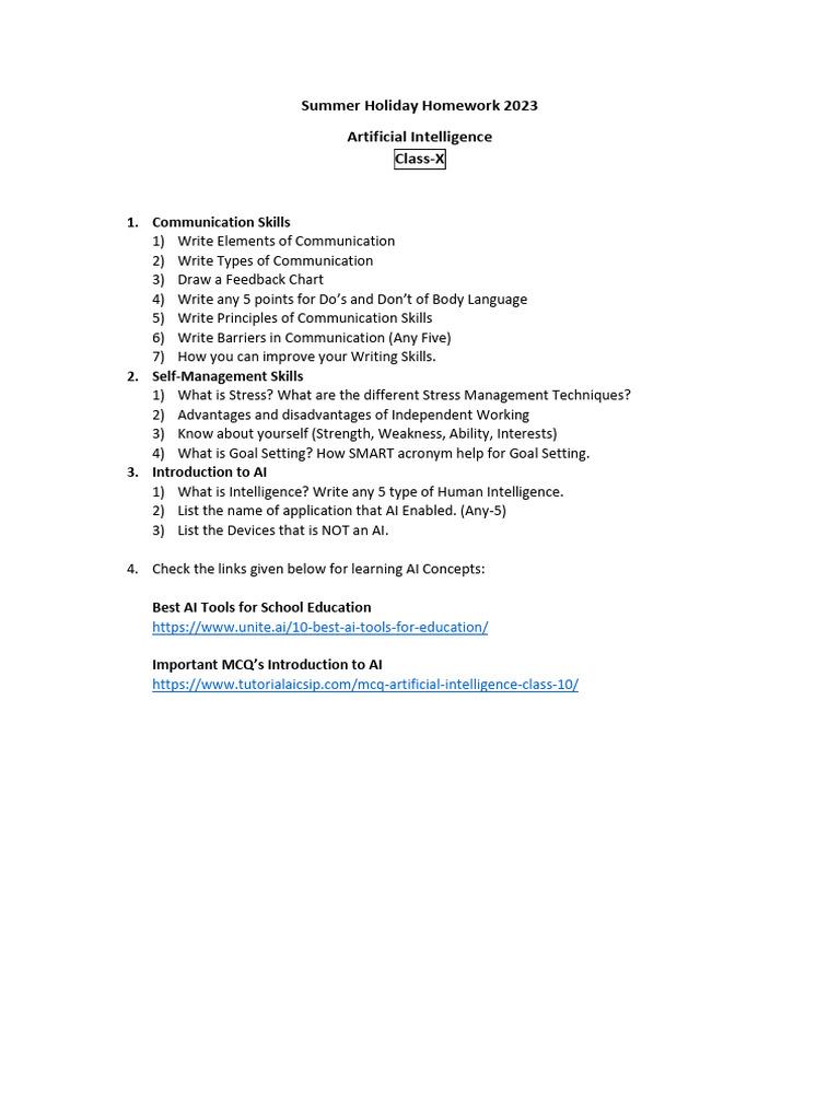 Artificial Intelligence Class-10 HHW | PDF