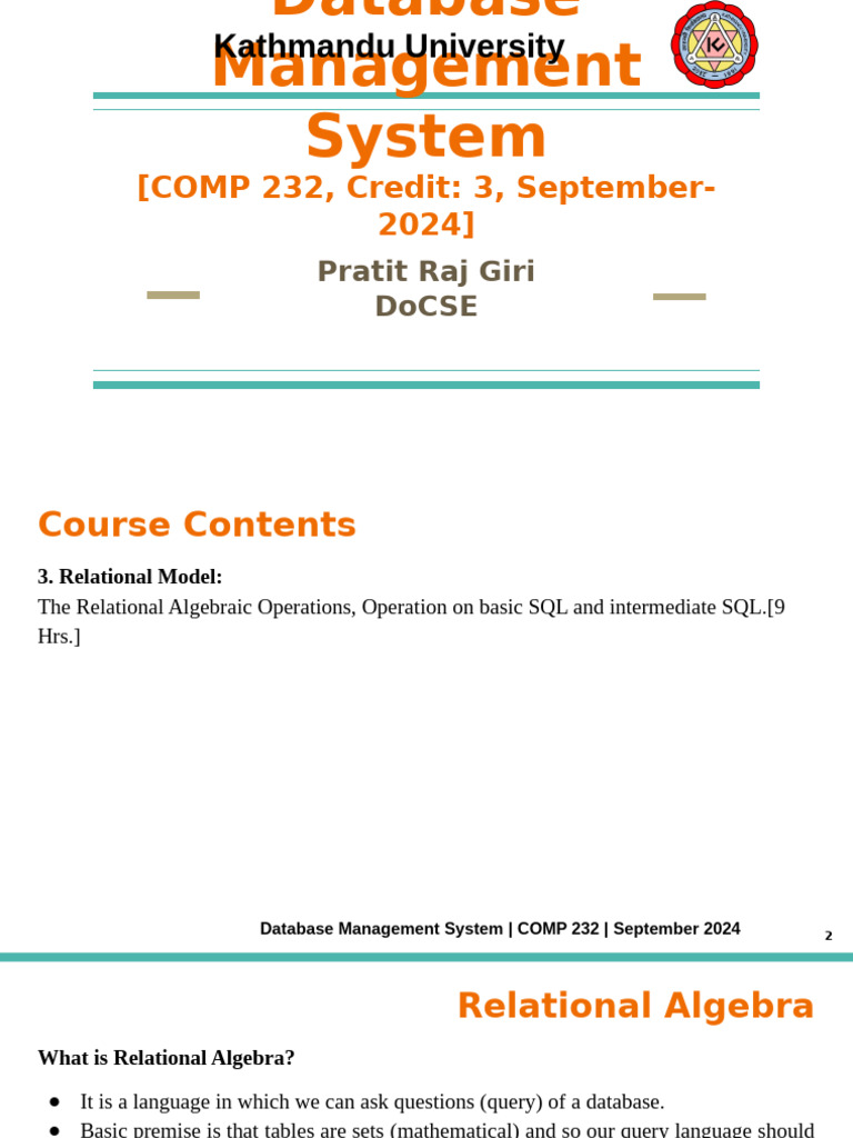COMP232 DBMS Lecture 6-7 - Relational Model | PDF | Relational Model | Table (Database)