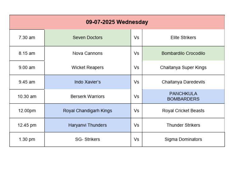 Cricket Match Schedule 09-07-2025 | PDF