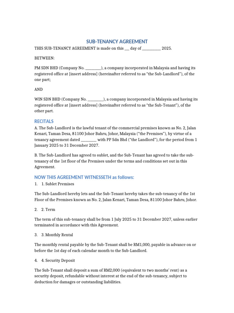Sub-Tenancy - Agreement - PM - WIN - Revised (Sample) | PDF | Lease ...