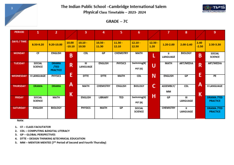 Grade 7C Physical Class Timetable 2023-24 | PDF