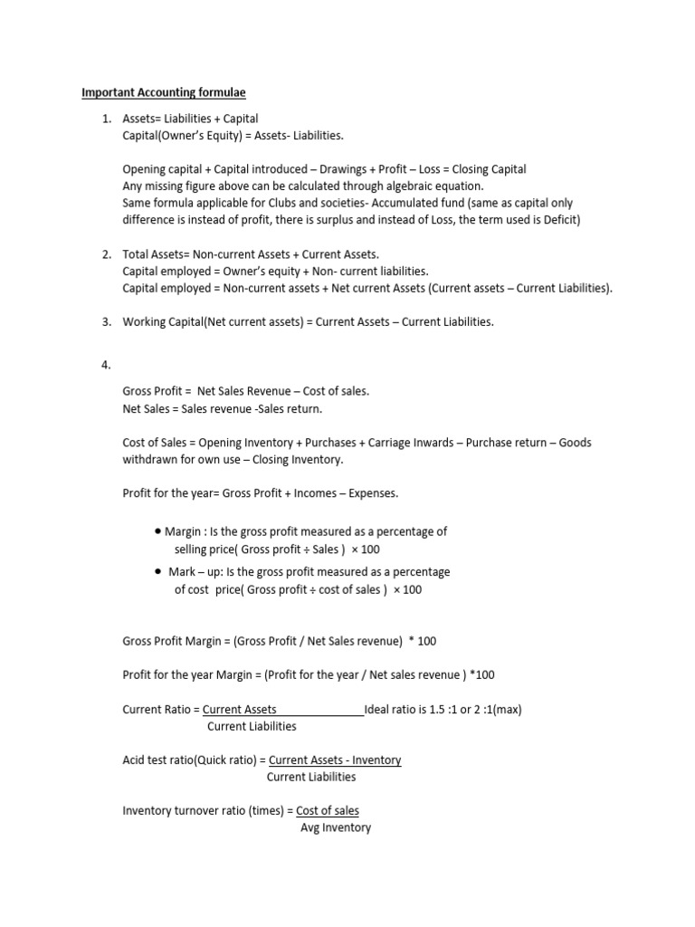 Important Accounting Formulae and Formats | PDF | Revenue | Equity ...