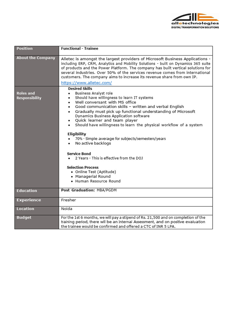 All E Technologies PVT LTD (Trainee - Functional) | PDF