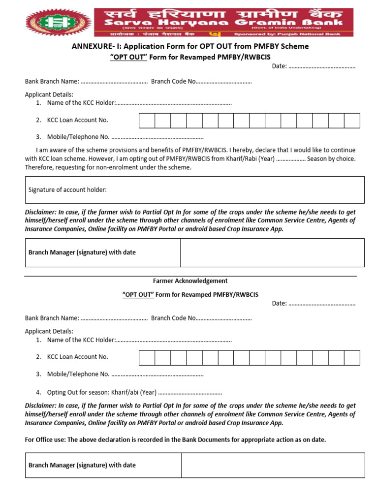 Opt in and Opt Out For Pmfby | PDF