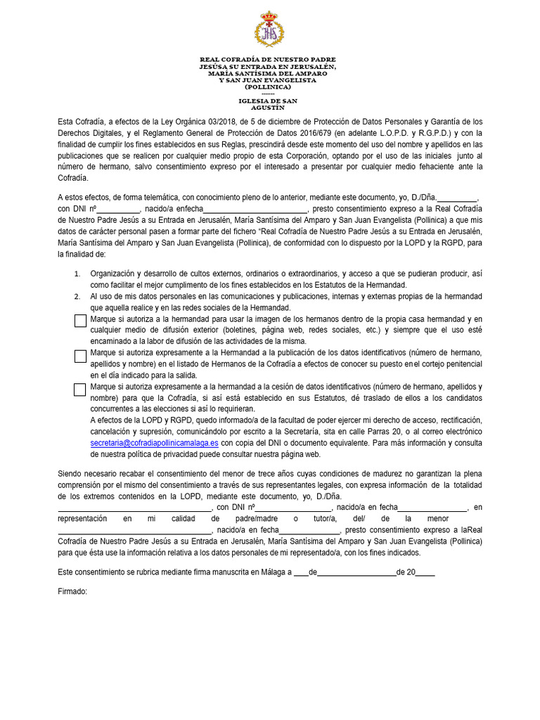 Consentimiento LOPD Cofradía Pollinica | PDF