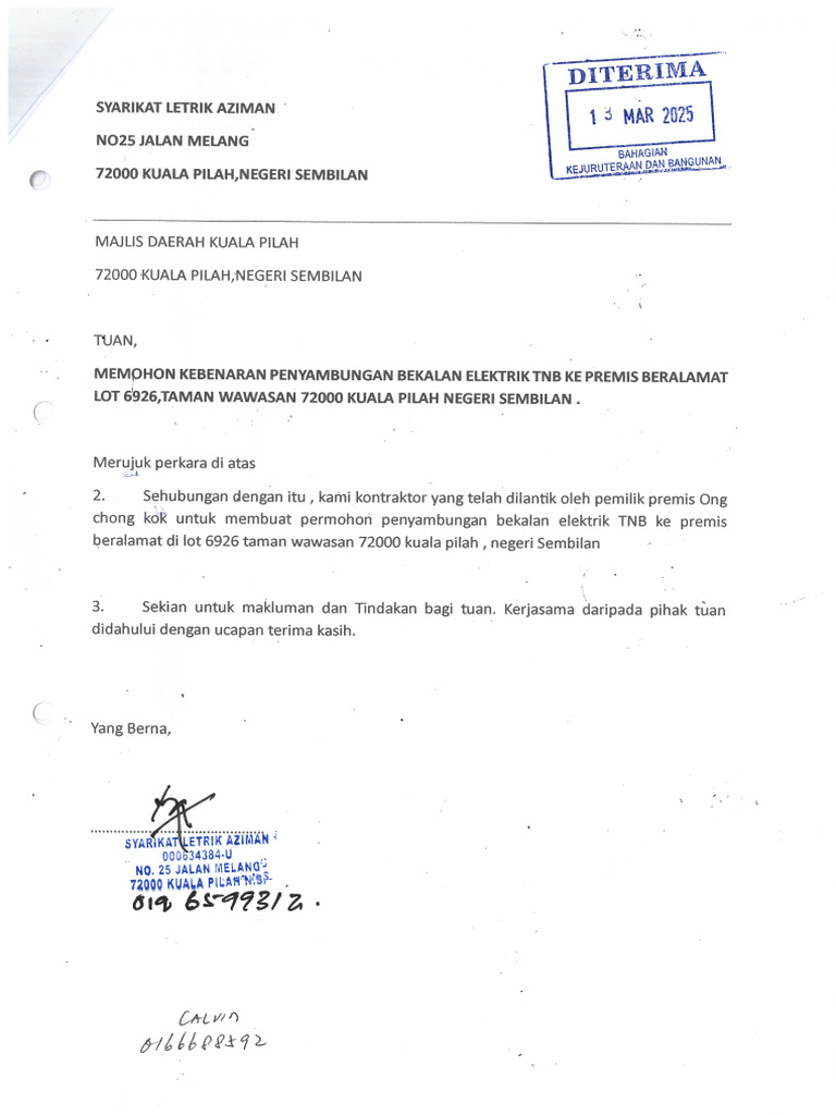 Contoh Permohonan Bekalan Elektrik | PDF