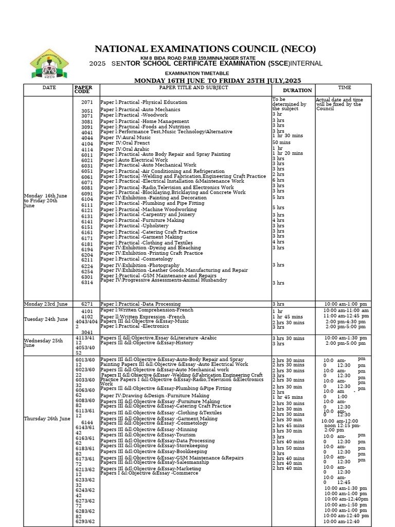 NECO 2025 SSCE Internal Timetable | PDF