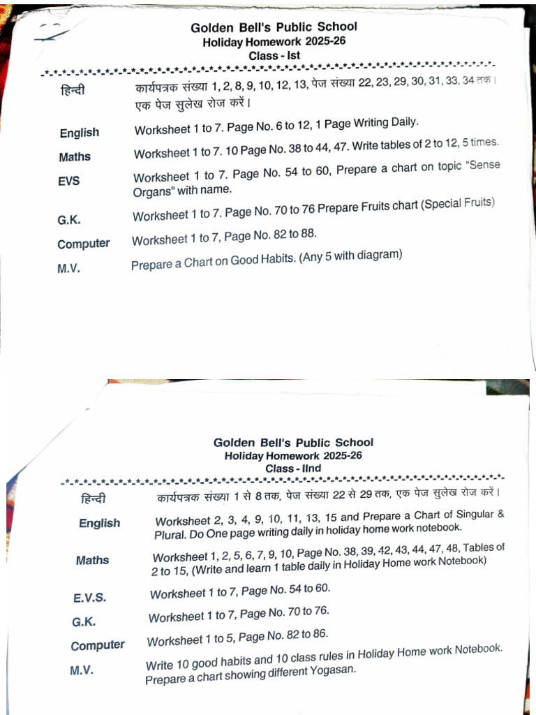 1st To 8th Holiday Homework (Golden Bells Public School) | PDF