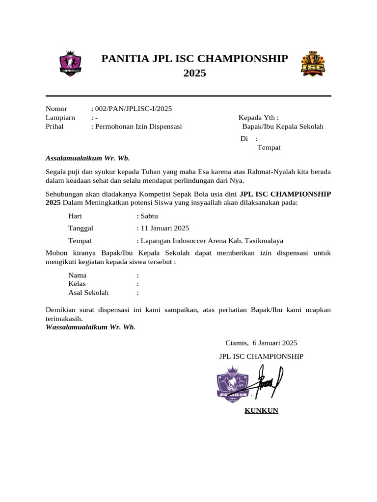 Izin Dispensasi JPL ISC Championship 2025 | PDF