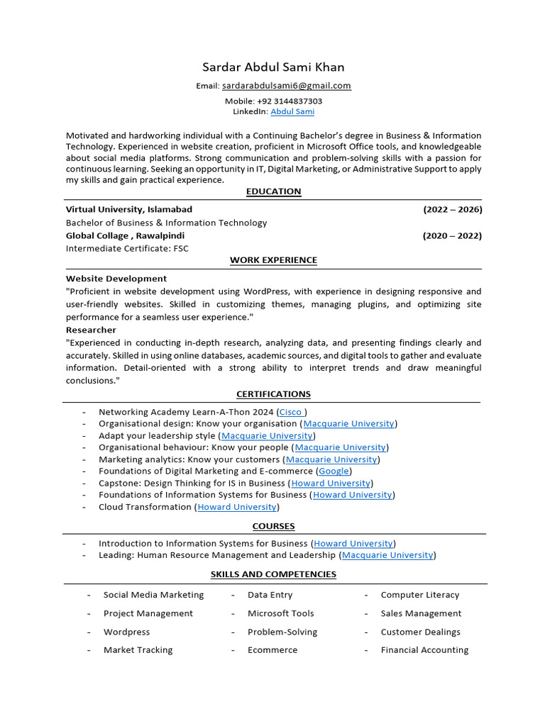 (Sardar Abdul Sami Khan) CV | PDF | Digital Marketing | Word Press
