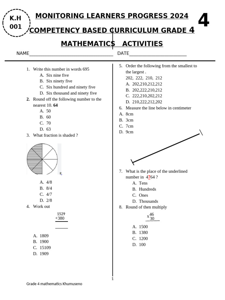 Grade 4 Math Practice Questions | PDF | Mathematics | Arithmetic