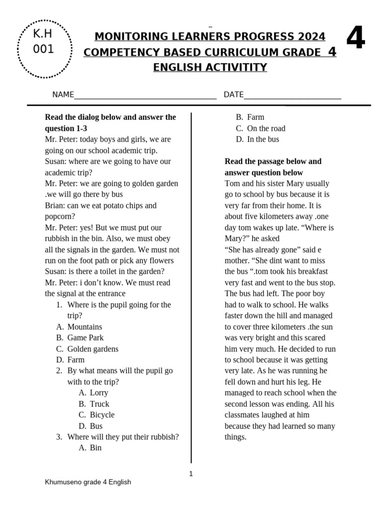 Grade 4 English Activity Questions | PDF