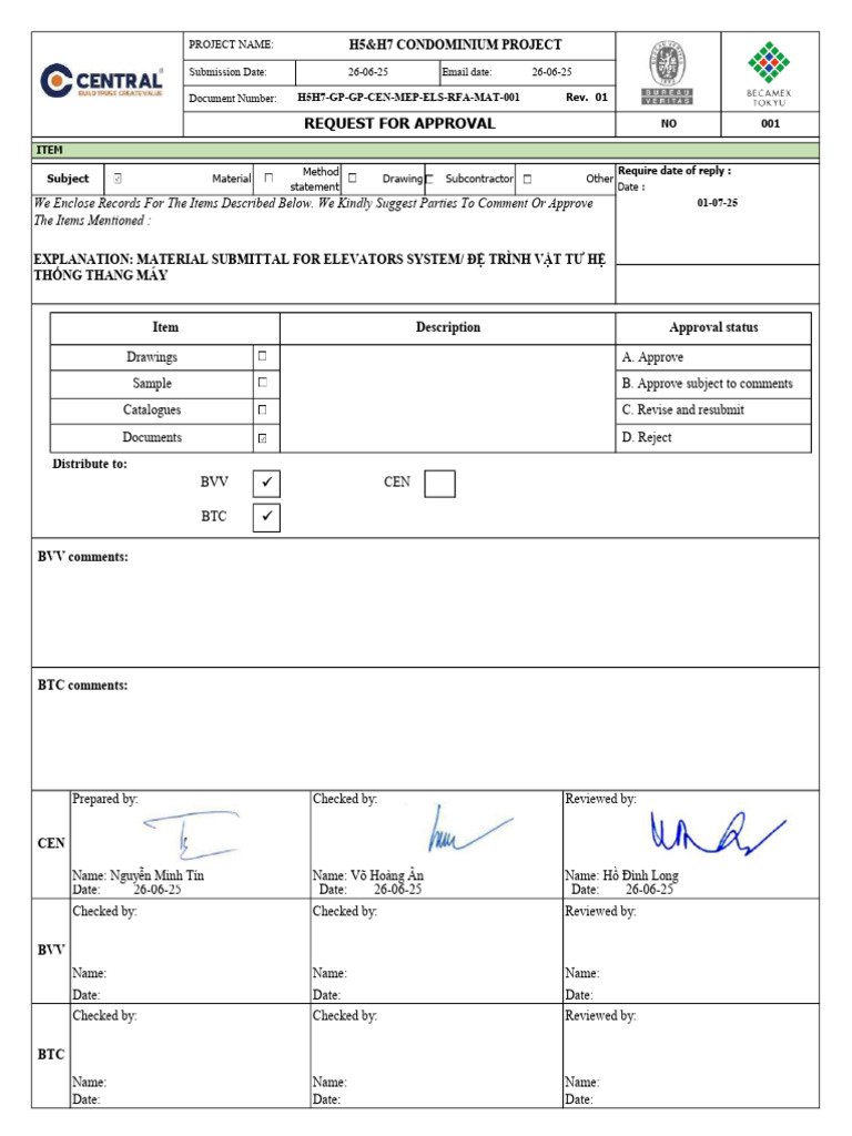 h5h7 GP GP Cen Mep Els Rfa Mat 001 Rev01 Material Submittal For Elevator System | PDF