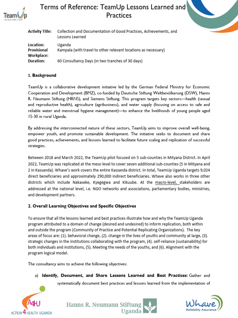 Terms of Reference. TeamUp Lessons Learned and Best Practice. | PDF ...