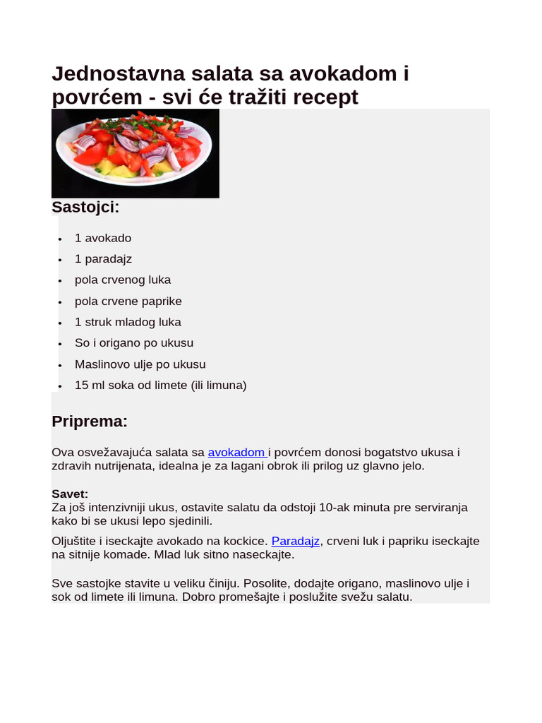 Jednostavna Salata Sa Avokadom I Povrćem | PDF