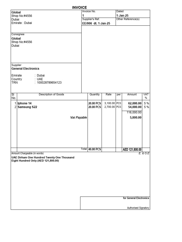 Dubai Electronics Invoice - Jan 2025 | PDF