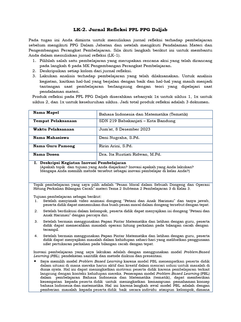 LK-2. Jurnal Refleksi PPL PPG Daljab - Deni Nugraha, S.Pd. | PDF