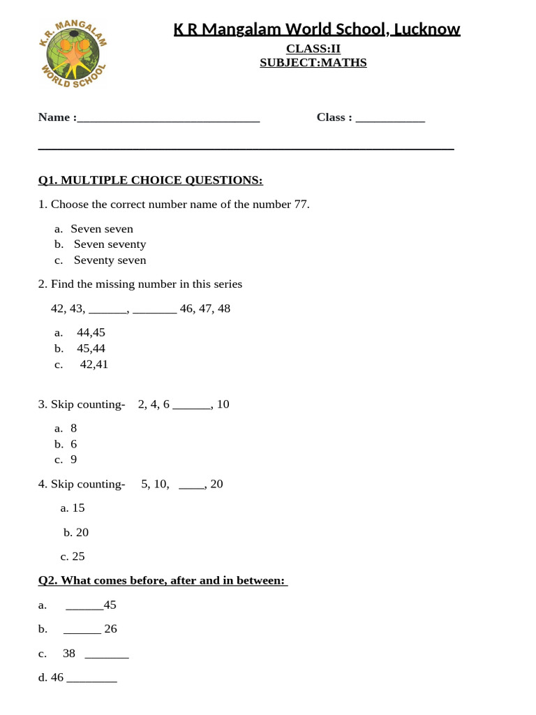 Class 2 Maths Worksheet with MCQs | PDF