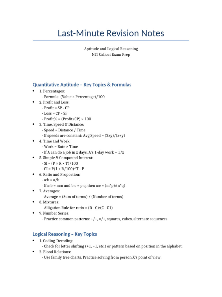 Aptitude and Logical Reasoning Revision NIT Calicut | PDF
