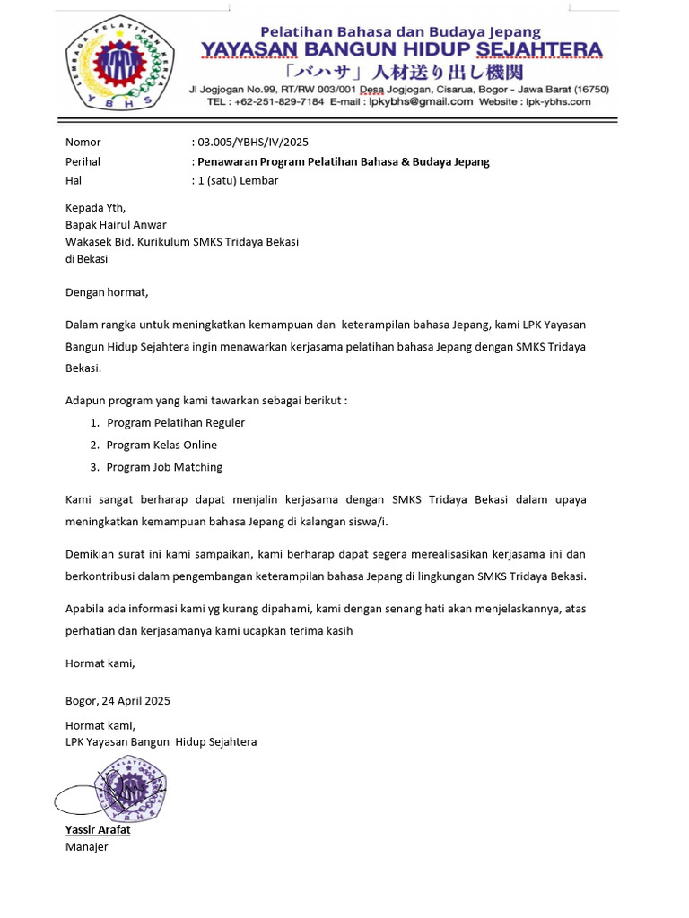 Surat Penawaran Program - Tridaya Bekasi | PDF