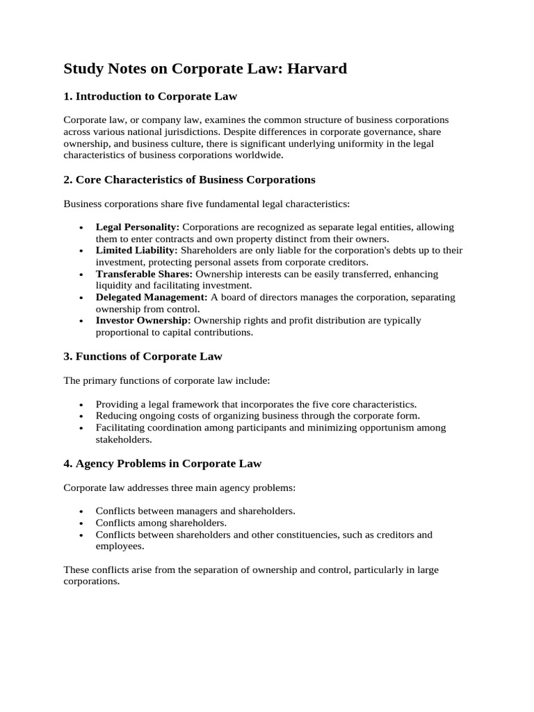Study Notes On Corporate Law | PDF | Corporate Law | Corporations