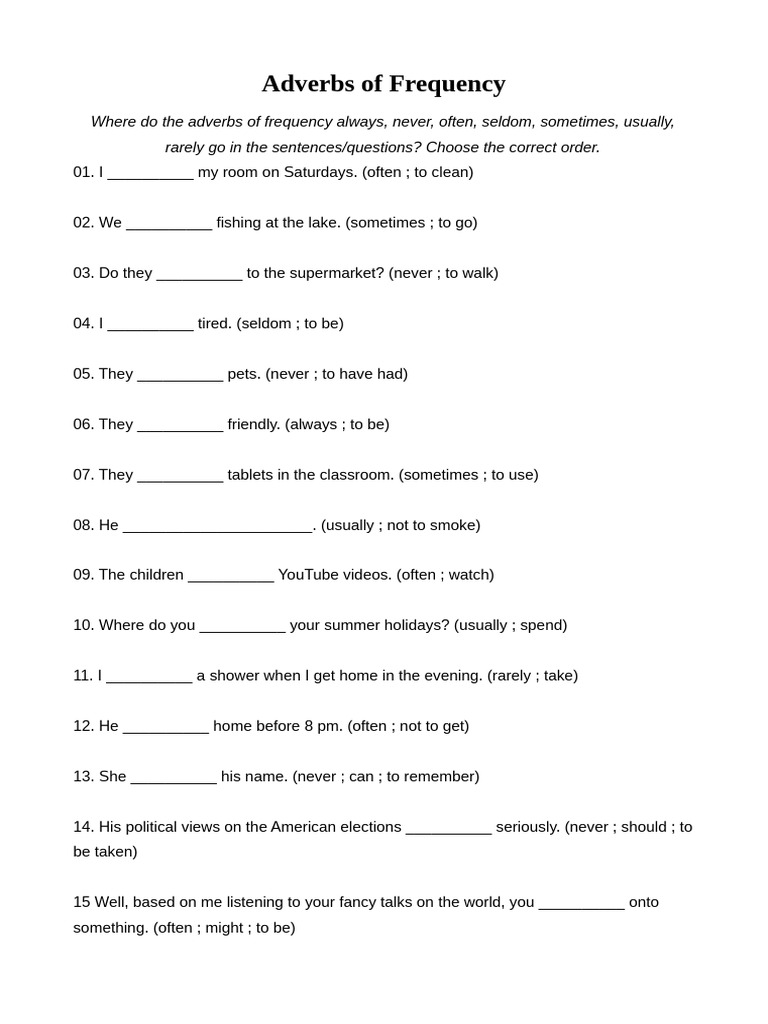 Adverbs of Frequency Exercises A2 | PDF