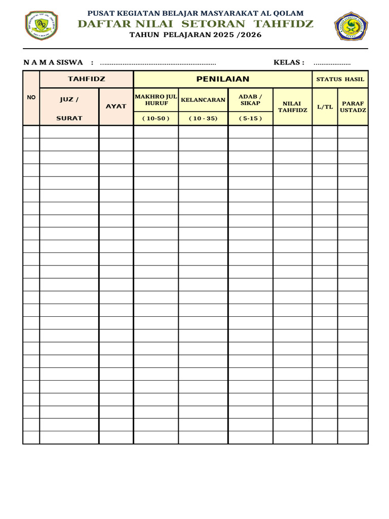 Format Nilai Setoran Tahfidz | PDF