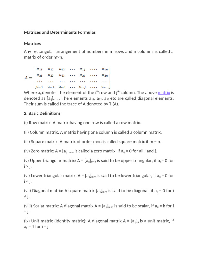 Matrices and Determinants Formulas | PDF | Matrix (Mathematics) | Determinant