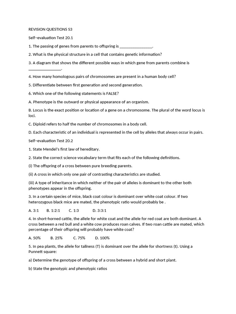 Genetics Self-Evaluation Questions | PDF | Dominance (Genetics) | Genotype