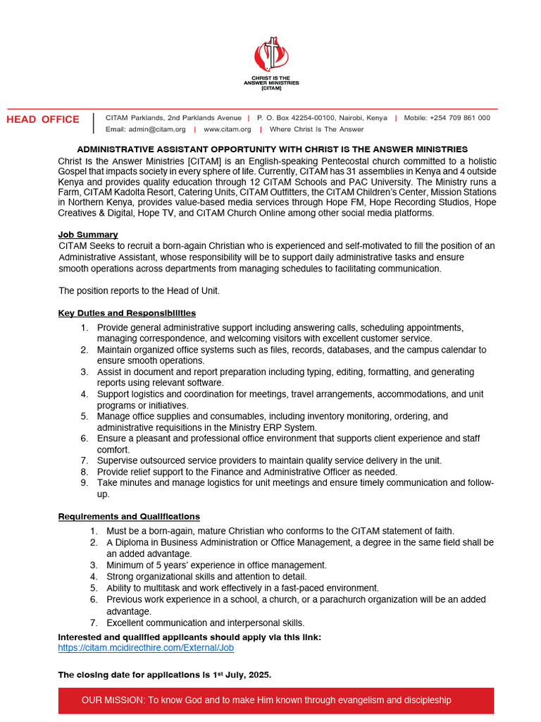 Job Advert - Administrative Assistant Position - June 2025 | PDF | Business