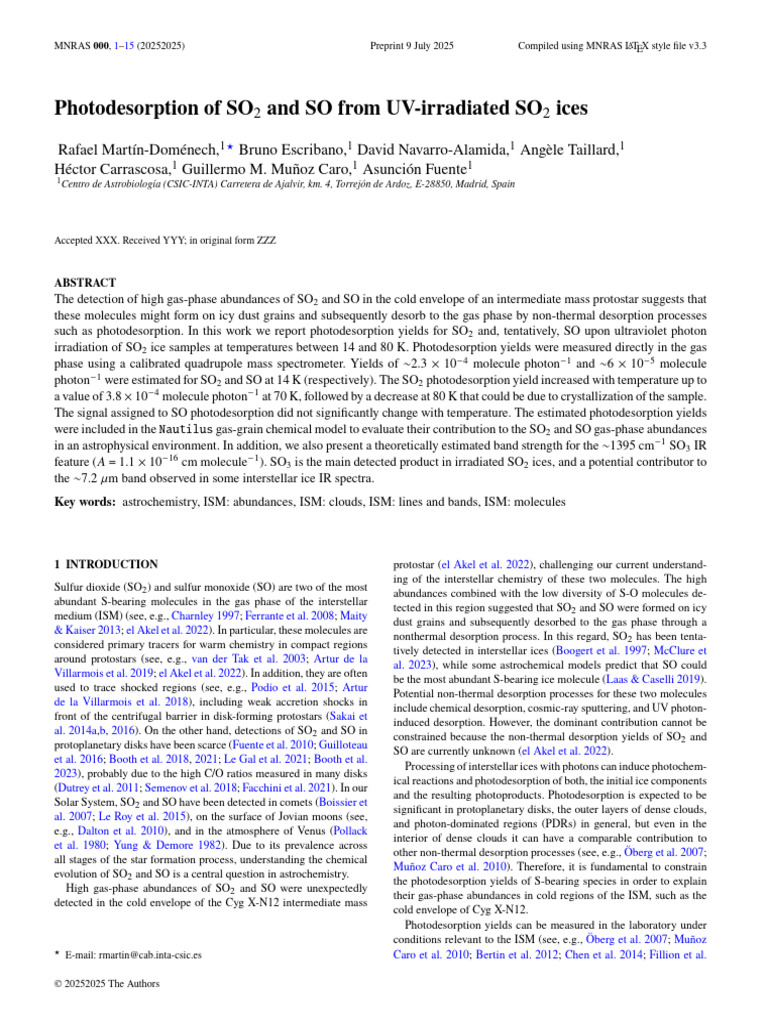 Photodesorption of SO2 and SO from Ices | PDF | Interstellar Medium ...