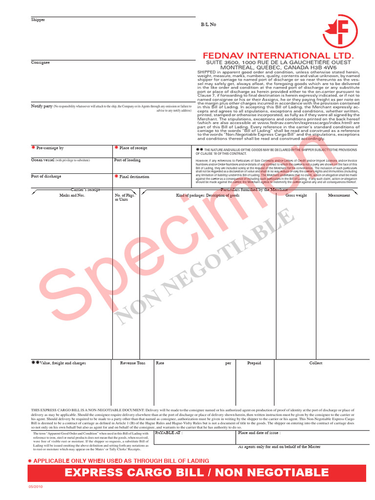 Fednav Express Cargo Bill | PDF | Bill Of Lading | Indemnity