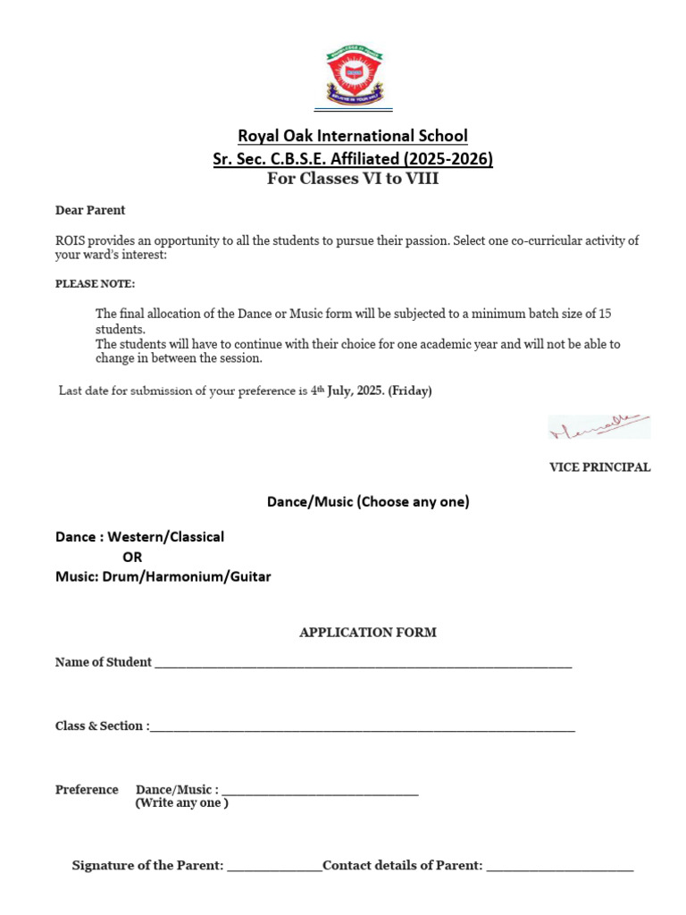 Consent Form For Class VI To VIII (Dance & Music) | PDF