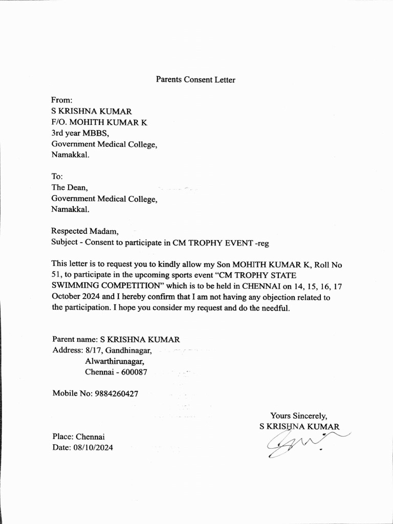 Parent Consent Letter - MOHITH | PDF