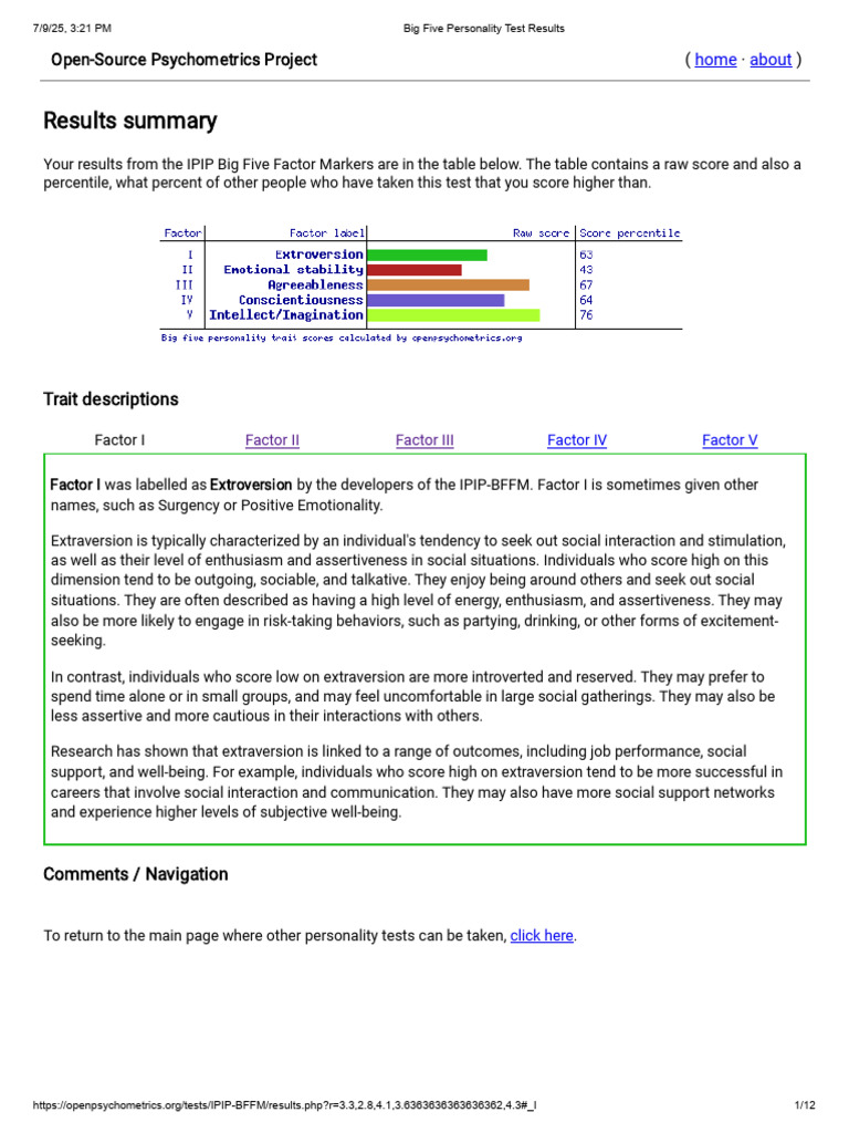 Big Five Personality Test Results Pdf Extraversion And Introversion