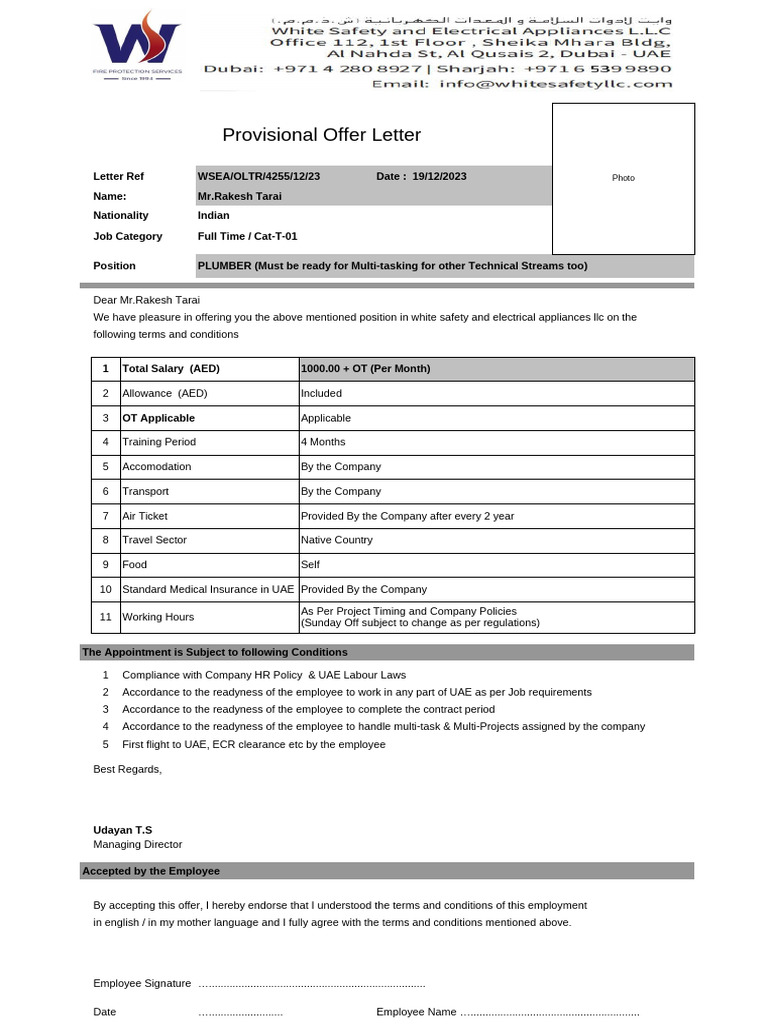 Provisional Job Offer Letters for Plumbers | PDF | Employment | Labour Law