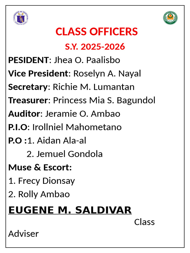 Class Officers 2025-2026 List | PDF