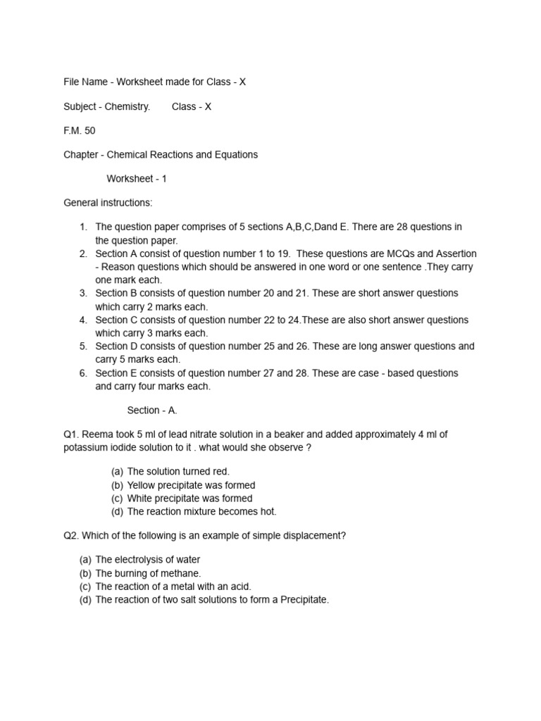 Chemistry - 10 - Chemical Reactions and Equations - WS - 1 | PDF ...