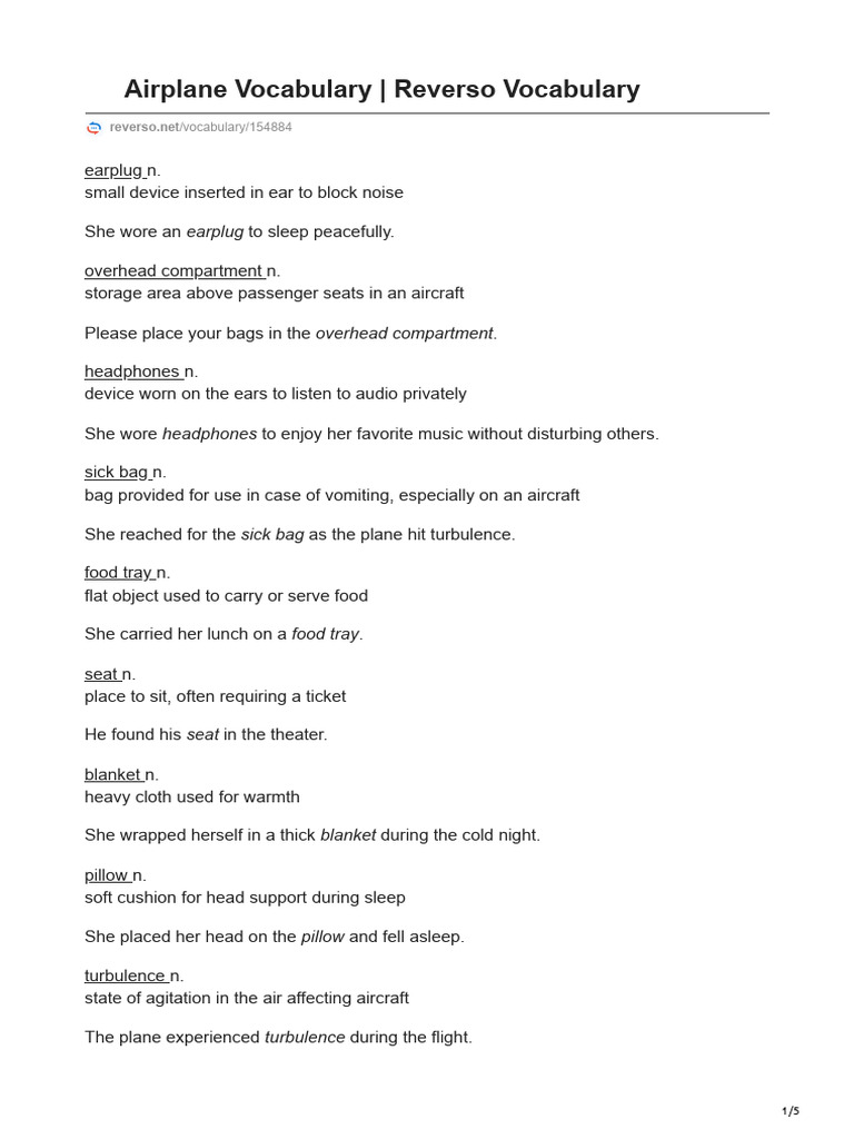 Airplane Vocabulary Reverso Vocabulary | PDF | Baggage | Flight Attendant