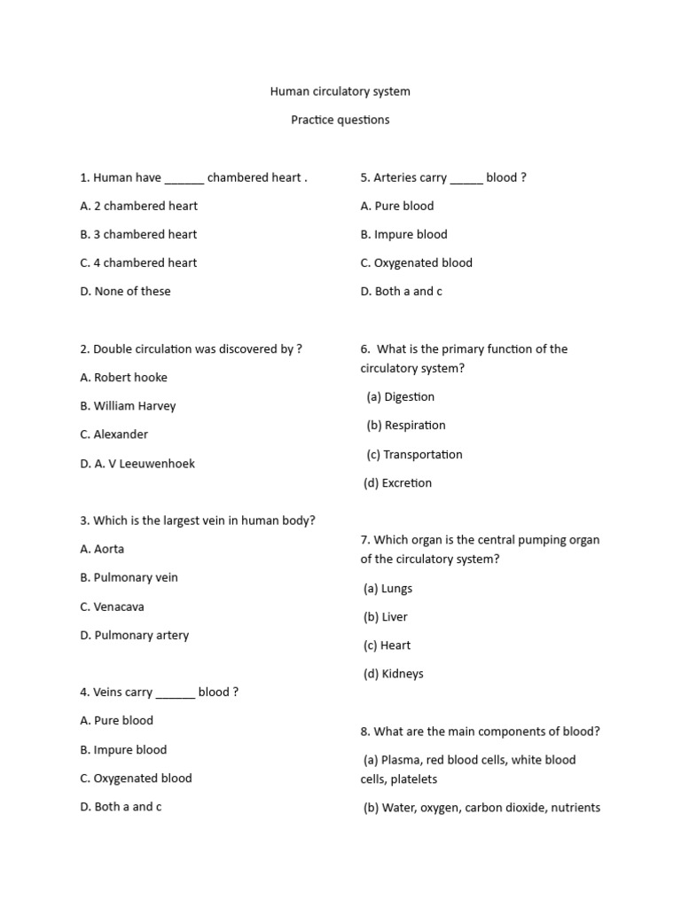 Human Circulatory System Quiz Questions | PDF | Blood | Circulatory System