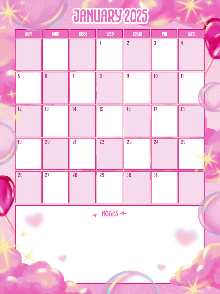 Pastel Pink Cute Dreamy Calendar 2025 Document (A4 Portrait) | PDF