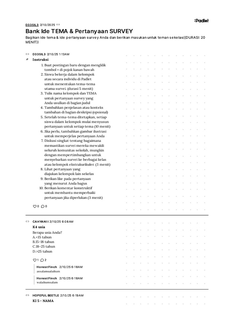 Padlet - Bank Ide TEMA Pertanyaan SURVEYx TJKT 1 | PDF