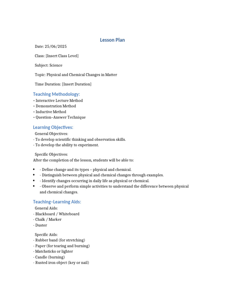 Physical and Chemical Changes Lesson Plan | PDF | Chemical Substances ...