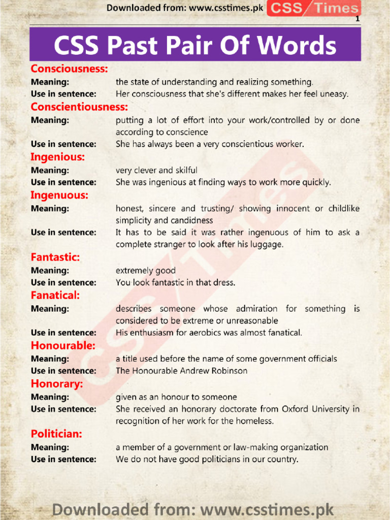CSS Past Pair of Words PDF (WWW - Csstimes.pk) | PDF